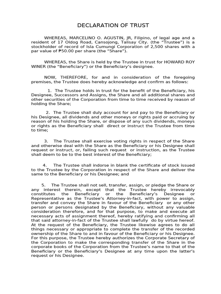 DECLARATION OF TRUST Agustin | PDF | Trustee | Dividend