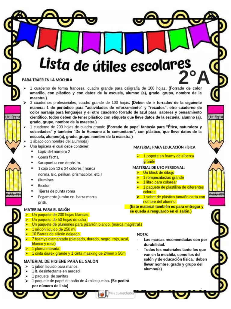 Lista de Útiles 2do A | PDF | Papelería | Implementos de escritura