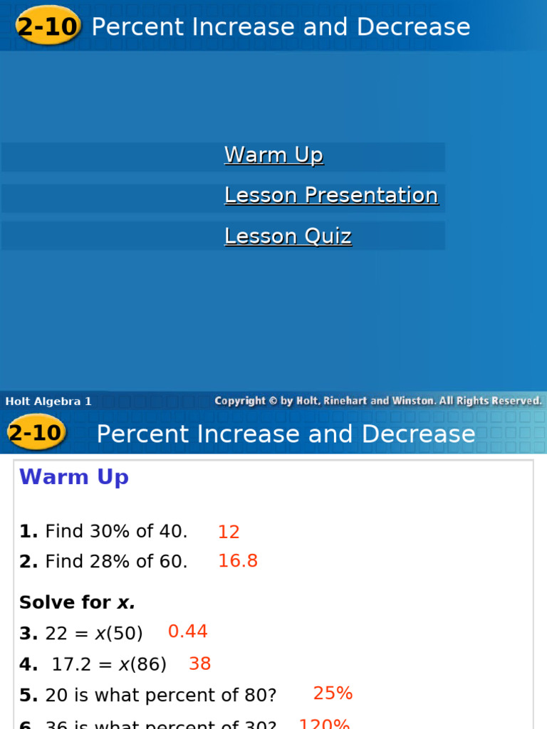 2-10 Percent Increase and Decrease | PDF | Algebra | Arithmetic