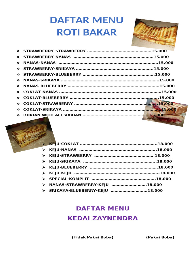 Menu Roti Bakar Reni | PDF