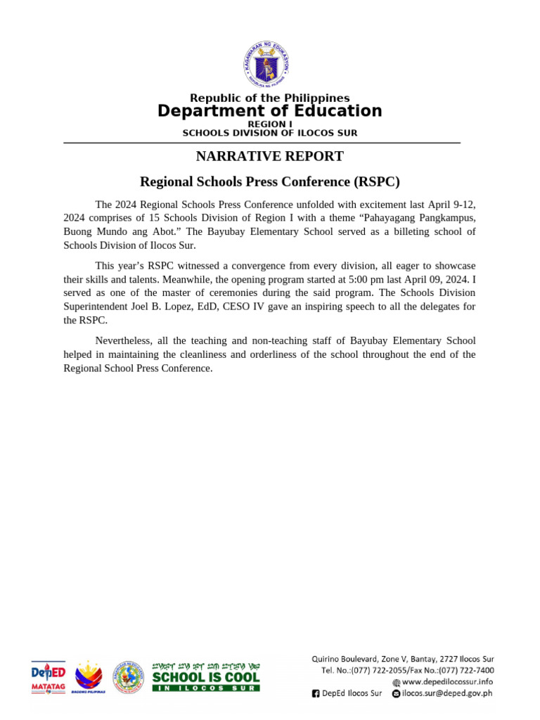 RSPC 2024 Narrative Report: Bayubay ES | PDF | Social Science | Travel