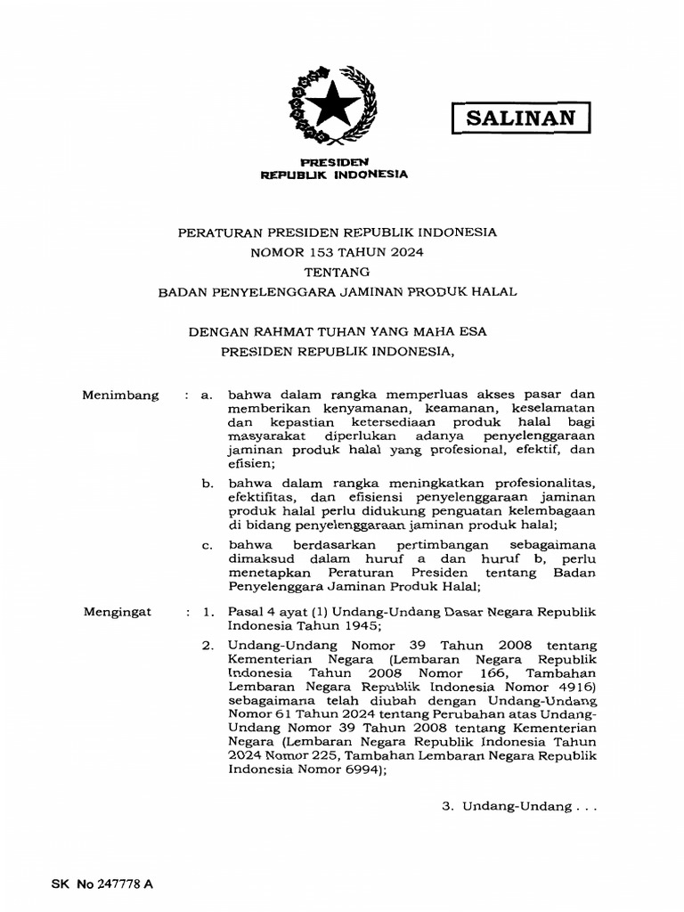 Salinan Perpres Nomor 153 Tahun 2024 - BPJPH | PDF