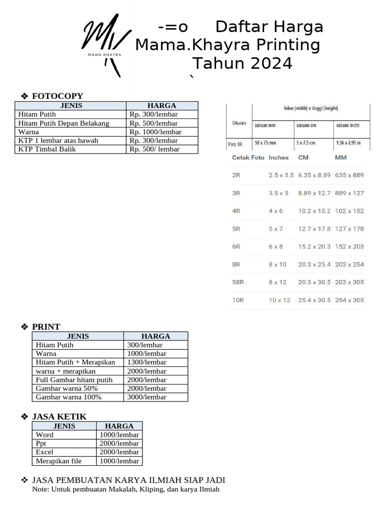 Daftar Harga Khayra Printing 2024 | PDF