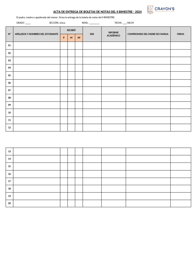Entrega de Boletas II Bimestre 2024 | PDF