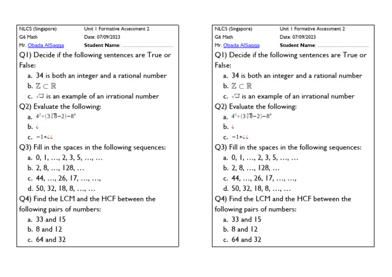 G6 Unit 1 Formative Assessment 2 | PDF | Teaching Methods & Materials
