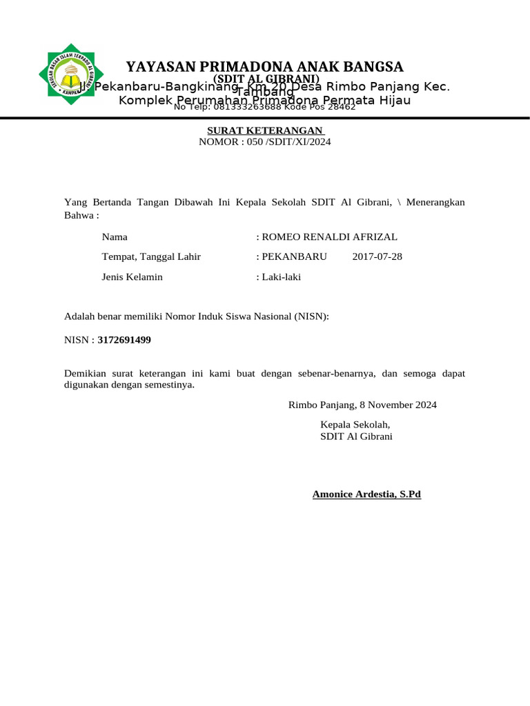 Surat Keterangan NISN | PDF