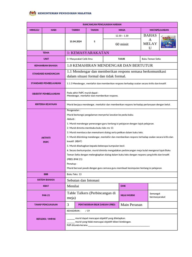 RPH BM THN 5-Unit 3 | PDF