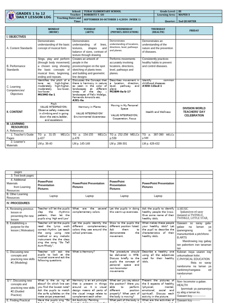 DLL_MAPEH-3_Q2_W1 | PDF | Teachers