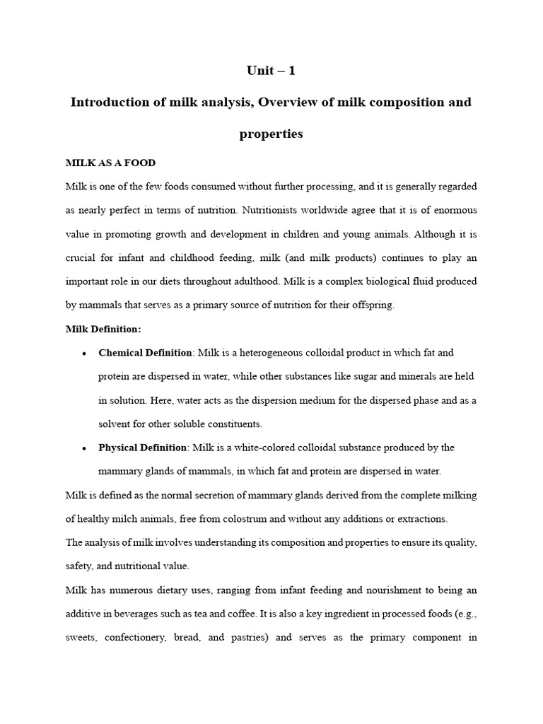 Unit-1-Milk Analysis | PDF | Milk | Nutrition
