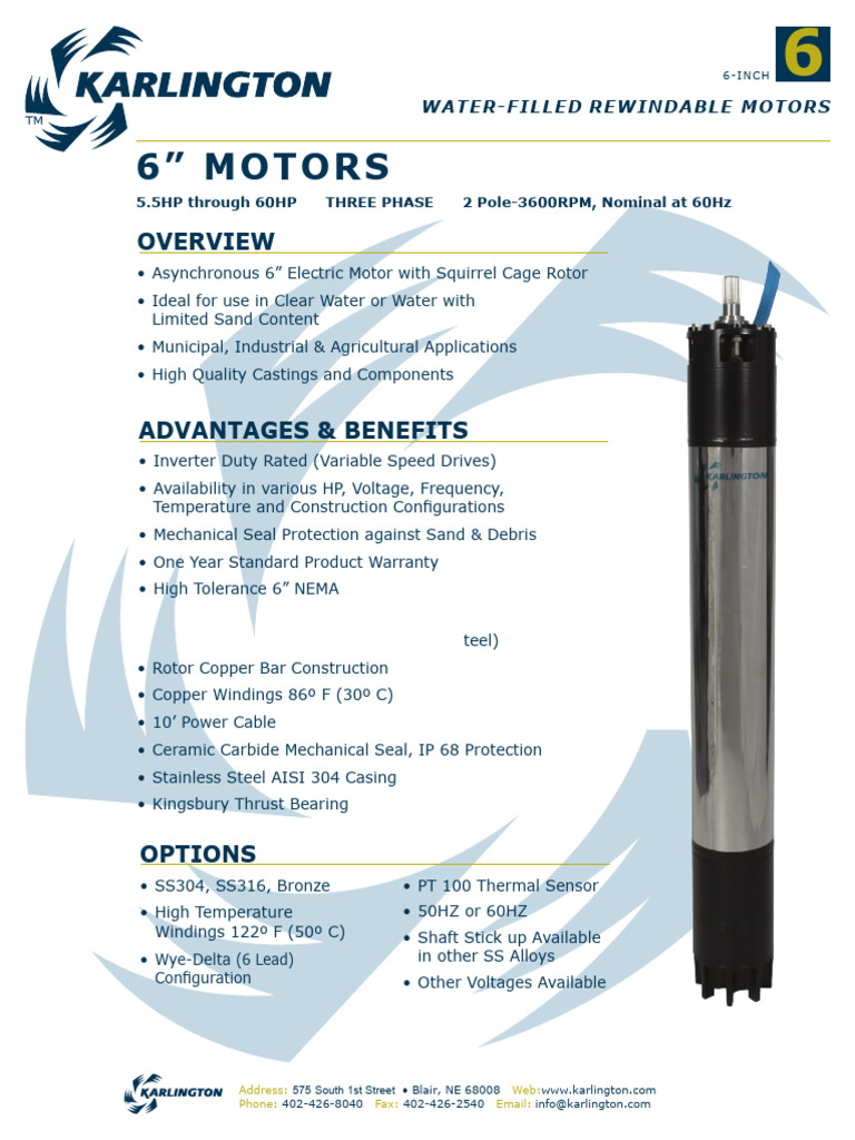 6-Inch Motor Product Sheets | PDF | Electric Motor | Electrical Engineering