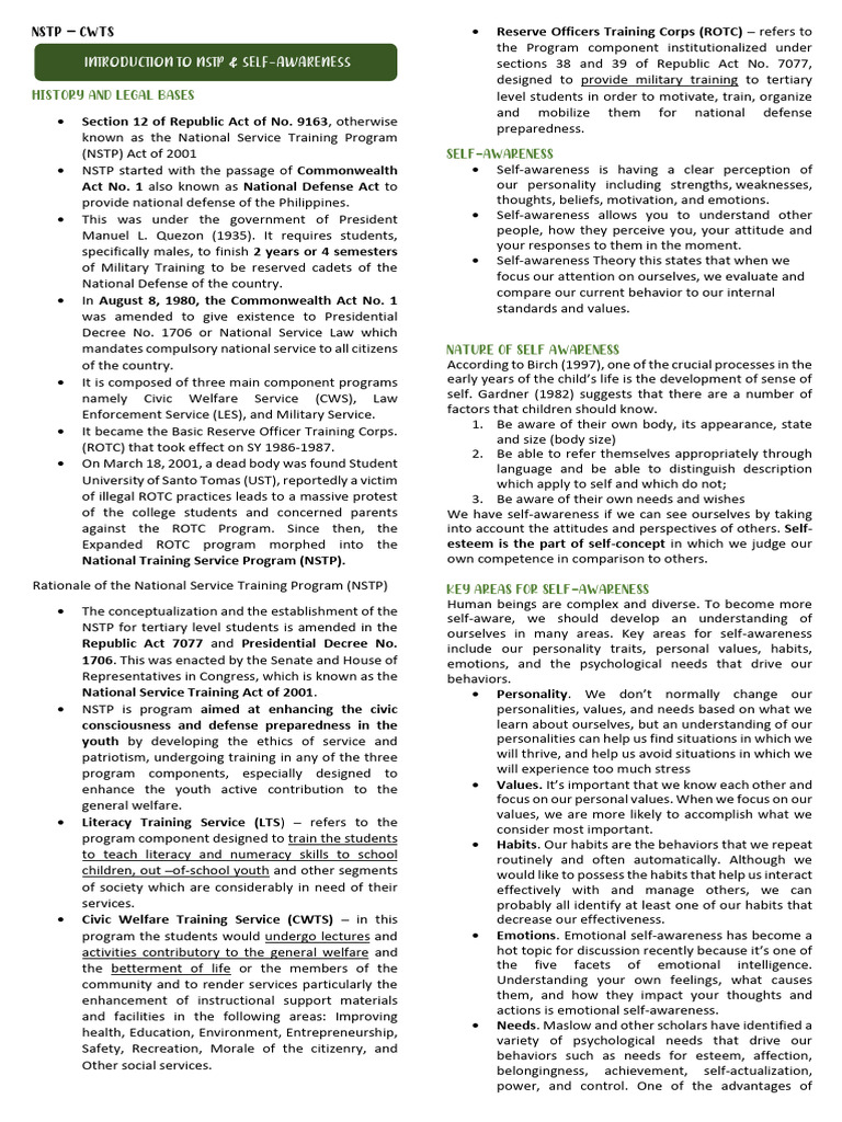 NSTP Reviewer | PDF | Leadership | Self Awareness