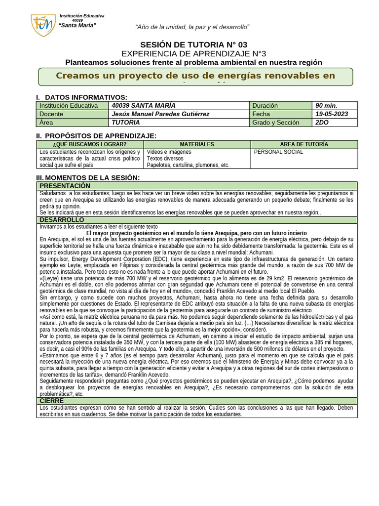 U3 SESION DE TUTORIA 3 2DO 2023 | PDF | Energía renovable | Naturaleza
