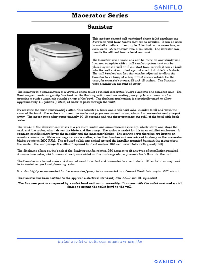 Sanistar Toilet Macerator System | PDF | Toilet | Pump