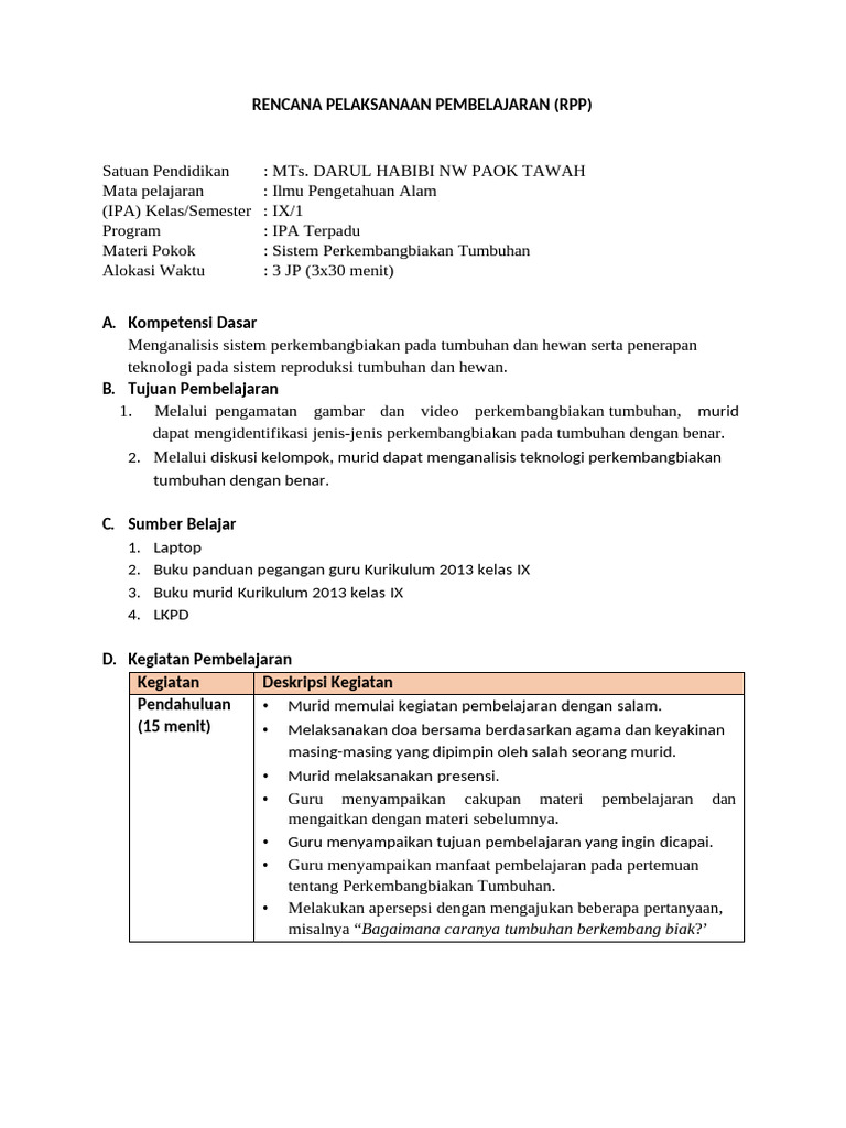 RPP IPA Kelas IX: Perkembangbiakan Tumbuhan | PDF