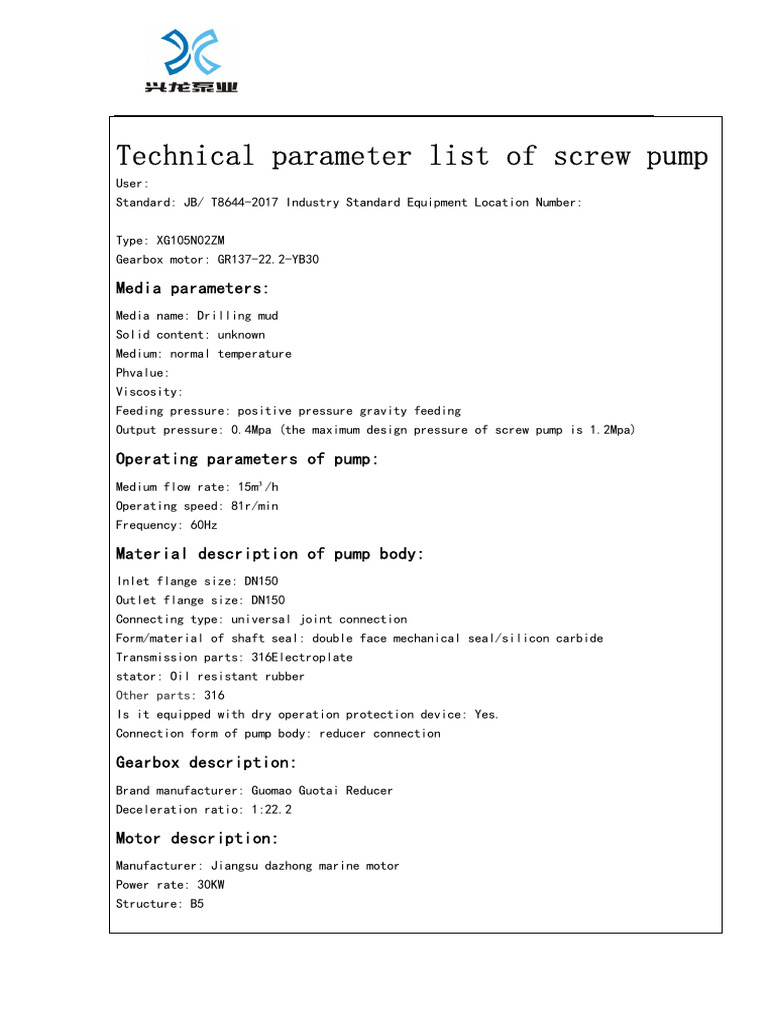 XG105N02Z - Cuttings Pump Data Sheet | PDF | Technology & Engineering
