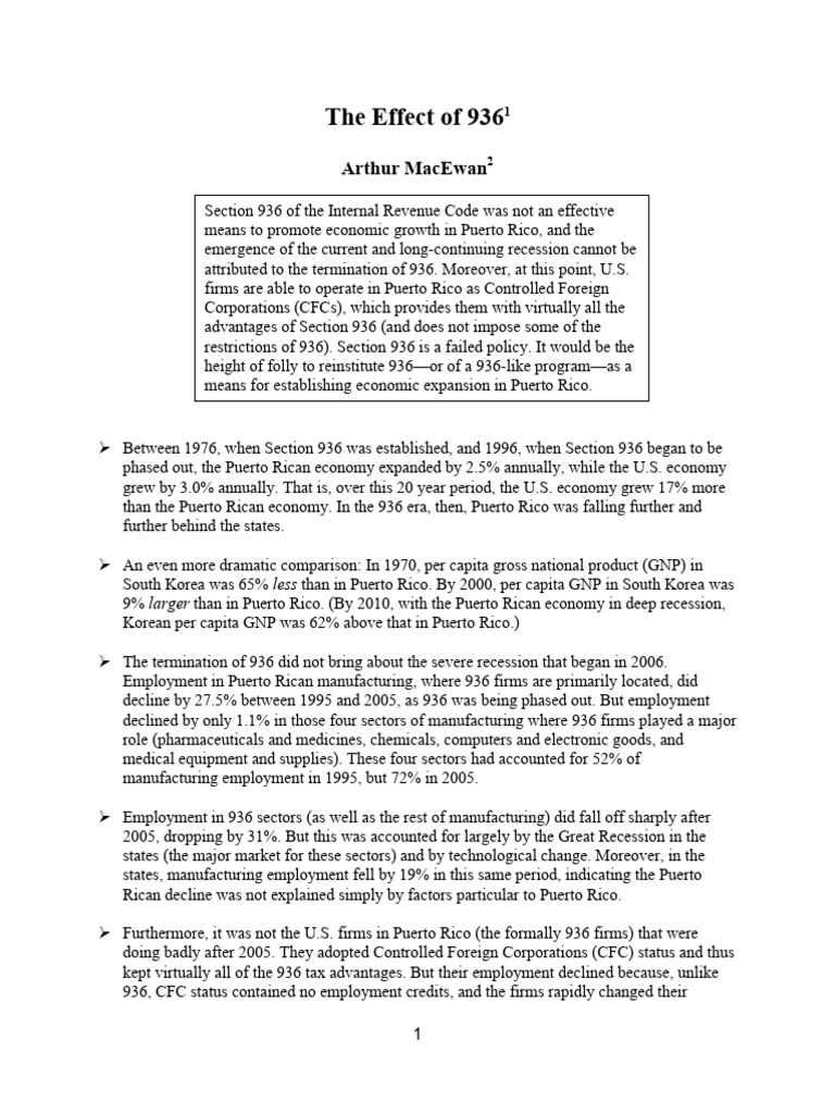 Section 936: Economic Impact on Puerto Rico | PDF | Gross Domestic ...