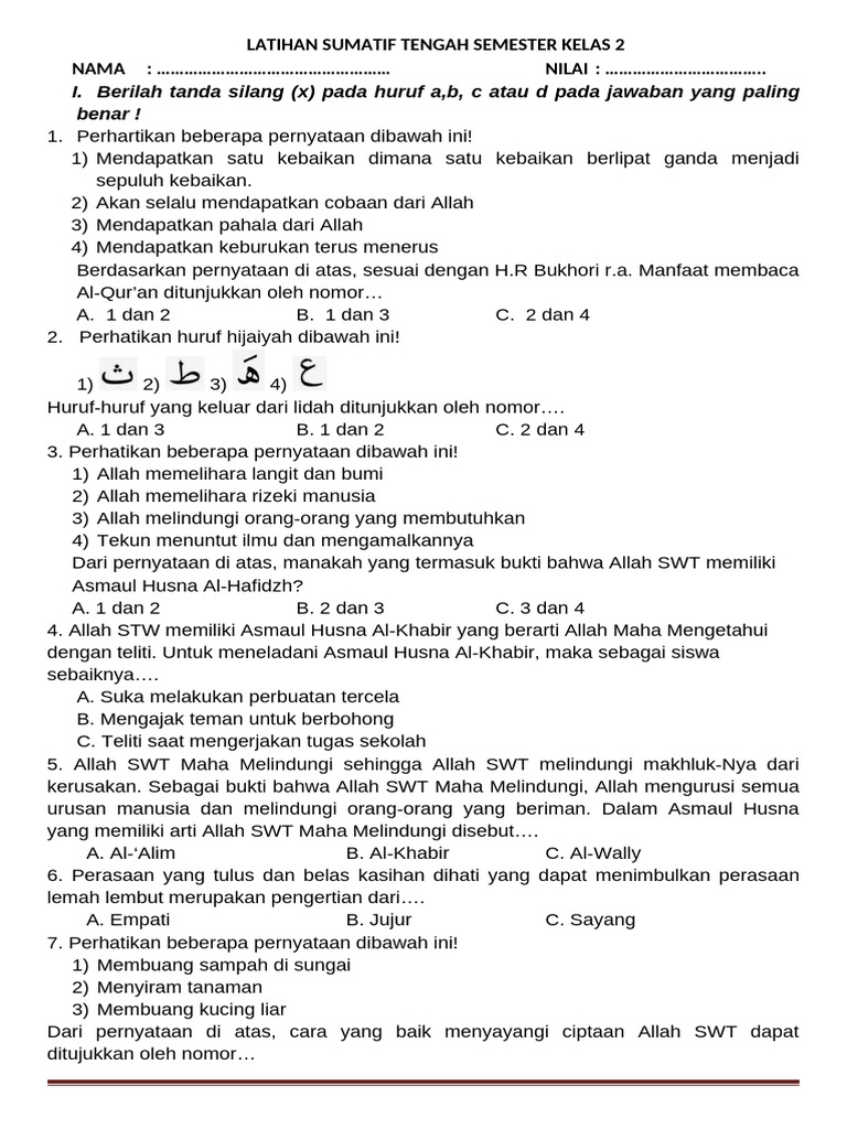 Latihan Soal STS Pai Kelas 2 | PDF | Kajian Bahasa Asing