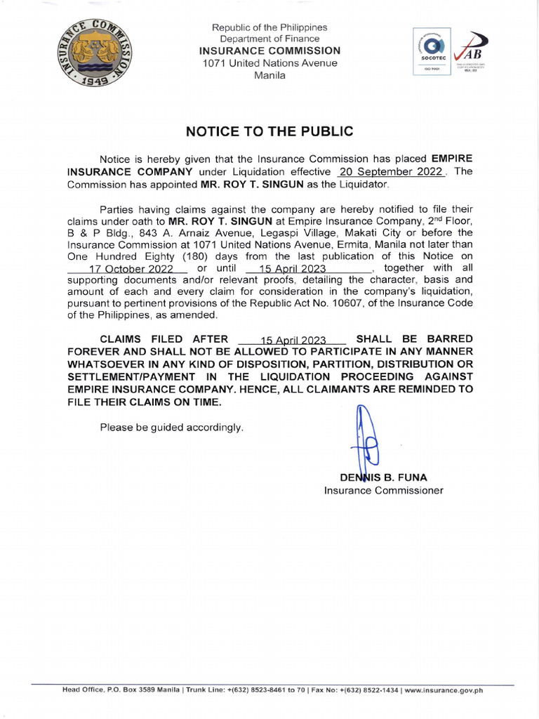 Notice To The Public - Empire Insurance Company Placed Under ...