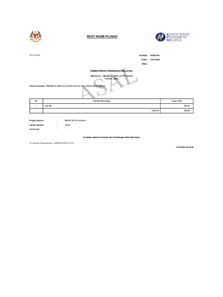 Resit Rasmi Pejabat: RP. 01 (Pin.09) | PDF
