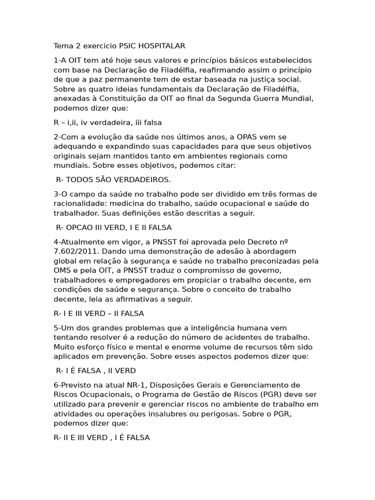 Tema 2 Exercicio PSIC HOSPITALAR | PDF | Autoajuda