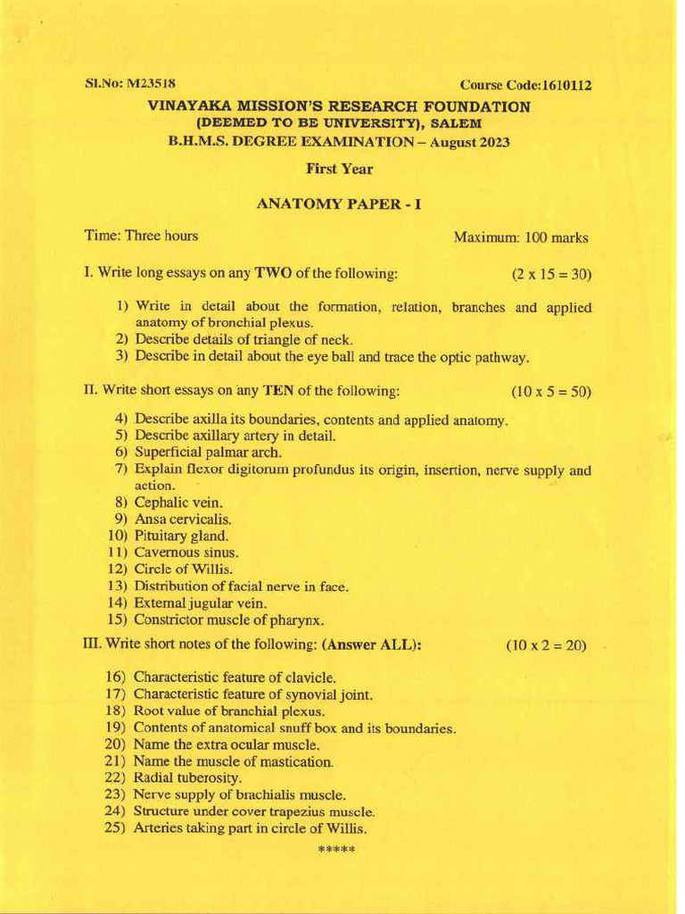 Anatomy Previous Question Paper | PDF