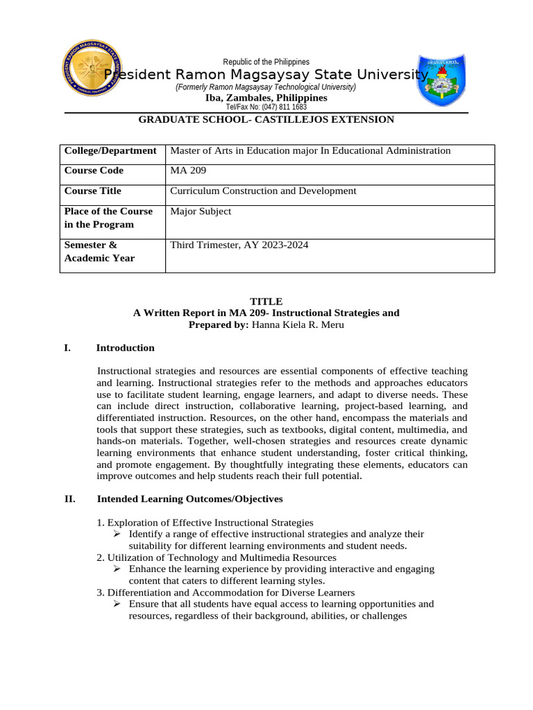 Written Report Instructional Strategies and Resources (Hanna Kiela Meru ...