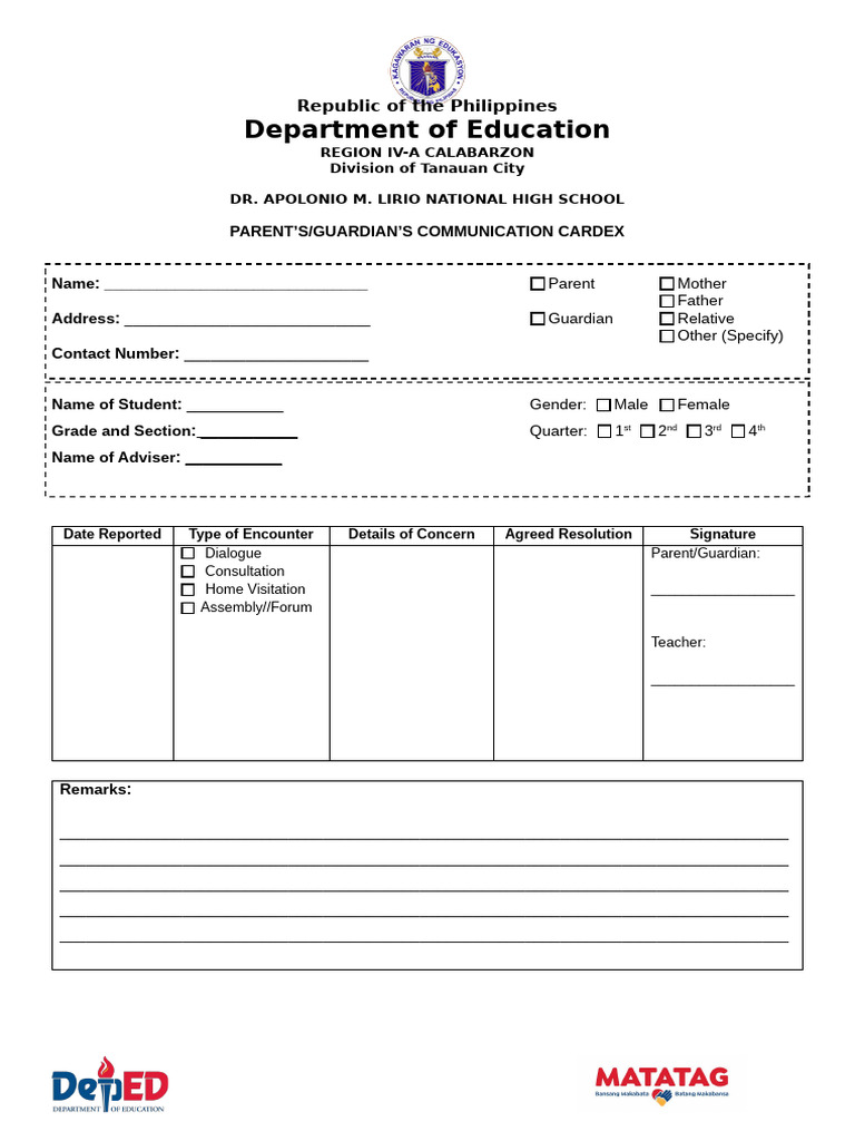 Parents Guardian Communication Index Depedtambayan 1 | PDF