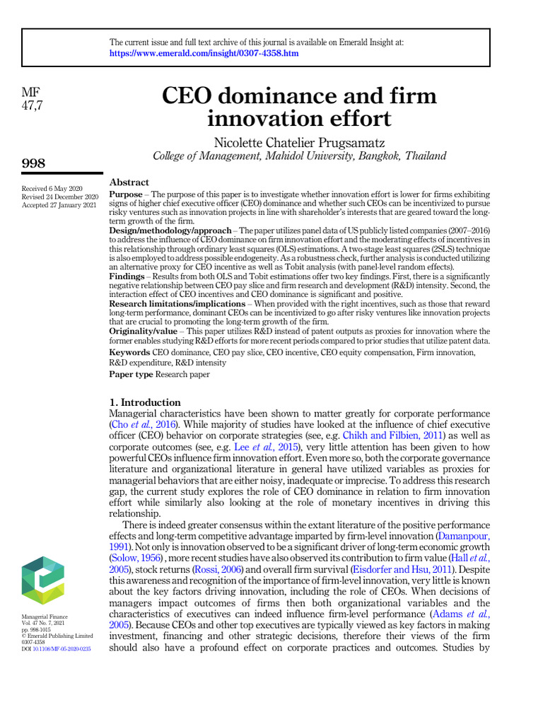 CEO Dominance and Firm Innovation Effort | PDF | Incentive ...