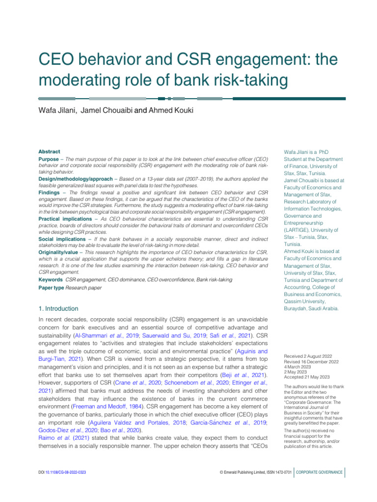 CEO Behavior and CSR Engagement The Moderating Role of Bank Risk-Taking ...