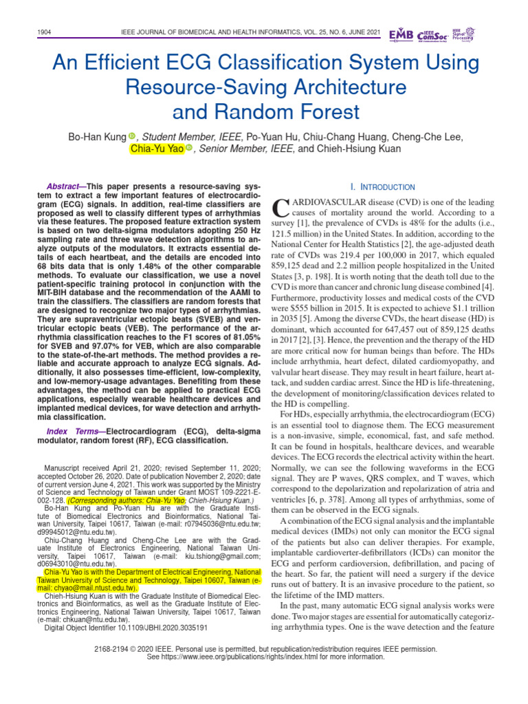 An Efficient Ecg Classification System Using Resource Saving Architecture And Random Forest