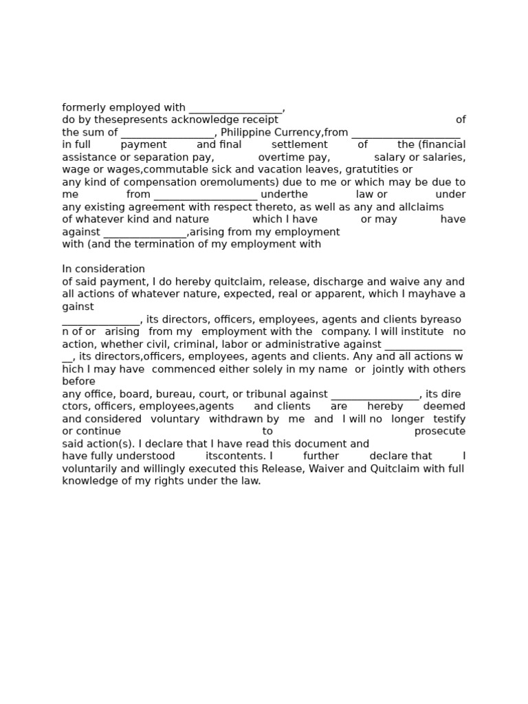 Employee Quitclaim and Release Sample | PDF