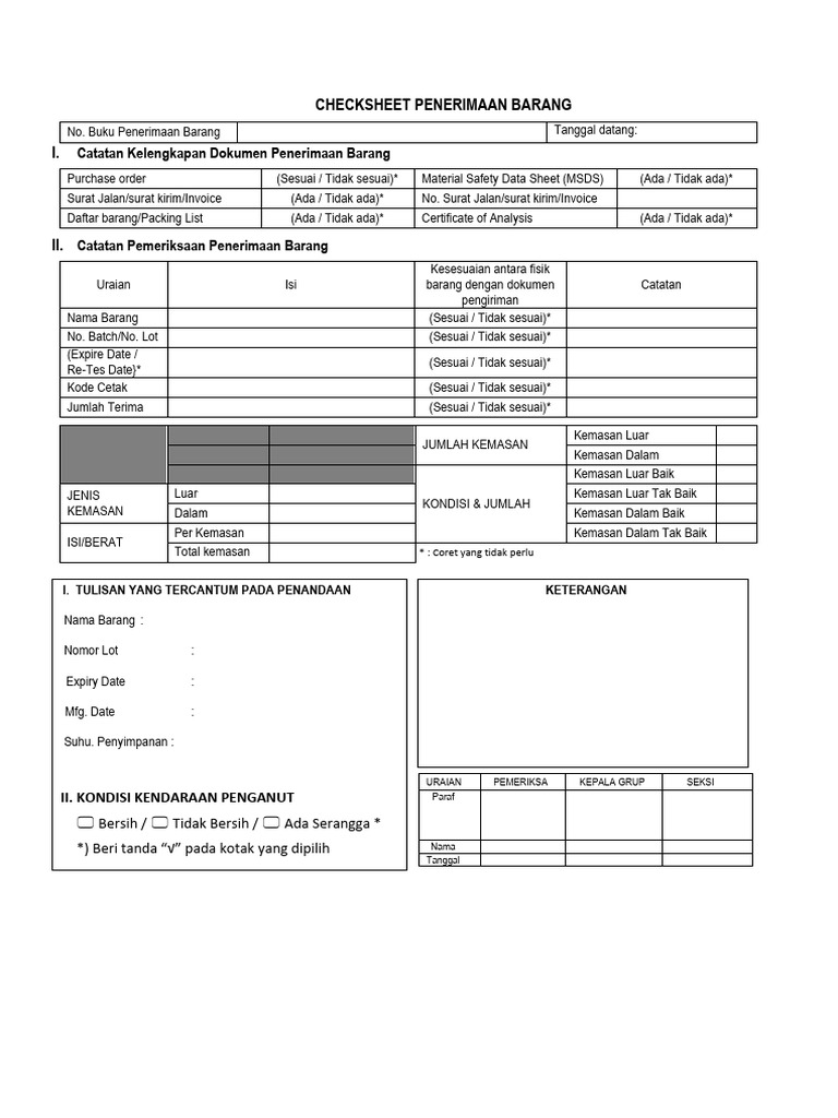 Checksheet Penerimaan Barang | PDF