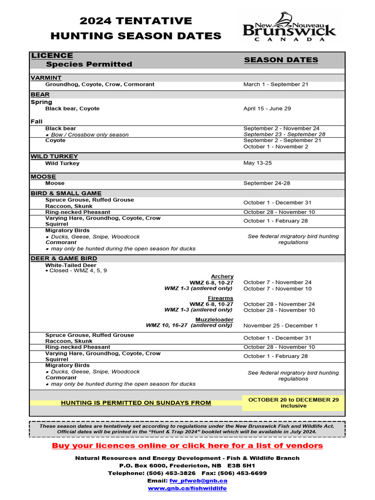 2024 Tentative Hunting Dates in NB | PDF | Hunting | Wildlife