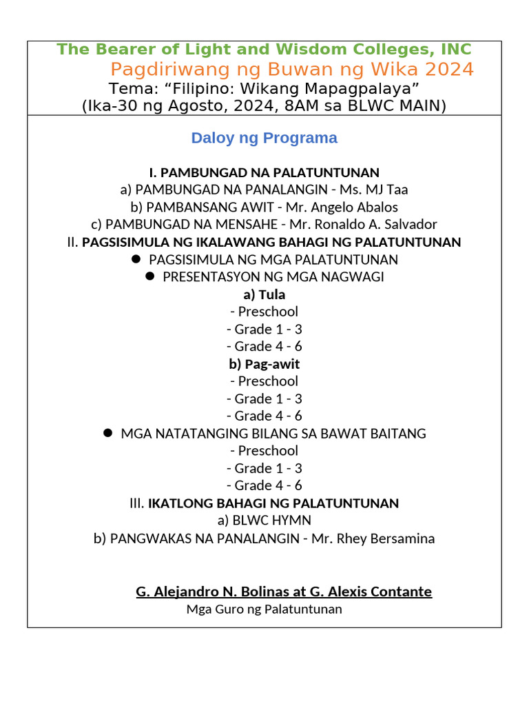 Daloy NG Programa Buwan NG Wika 2024 | PDF