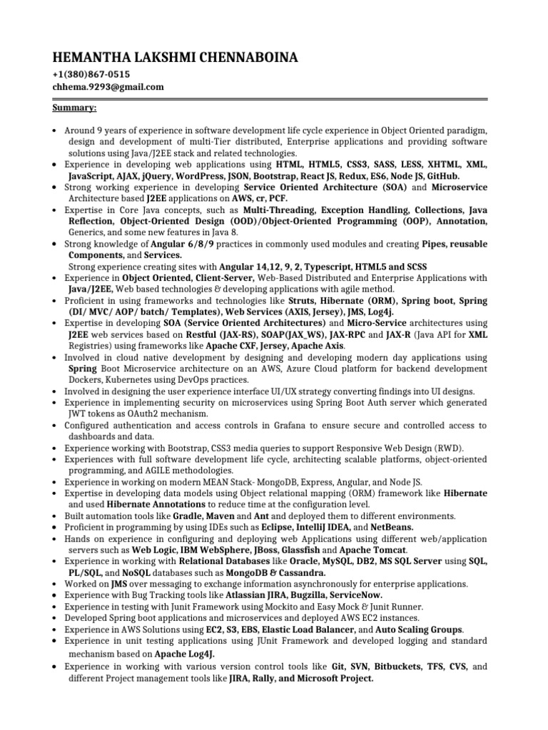 Hema Resume. Java | PDF | Spring Framework | Web Service