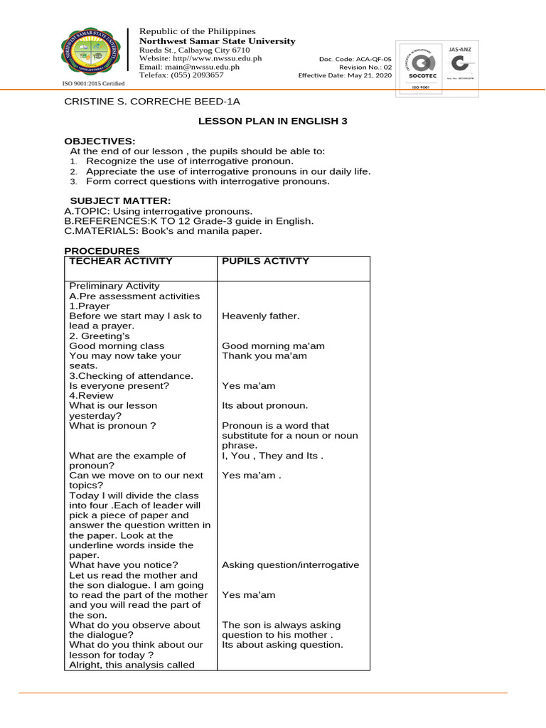 cristine lesson plan | PDF | Language Mechanics | Syntax