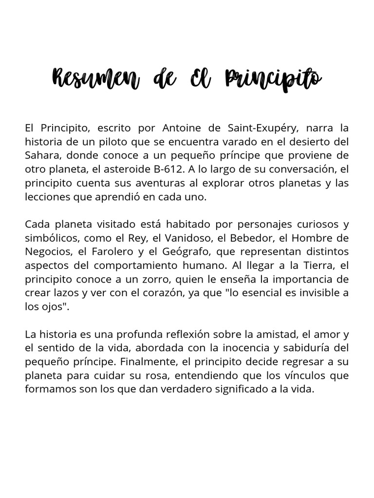 Resumen de El Principito El Principito, Escrito Por Antoine de Saint ...