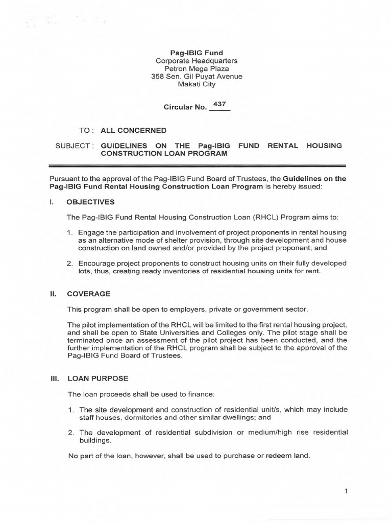 Circular No. 437 - Guidelines On The Pag-IBIG Fund Rental Housing ...