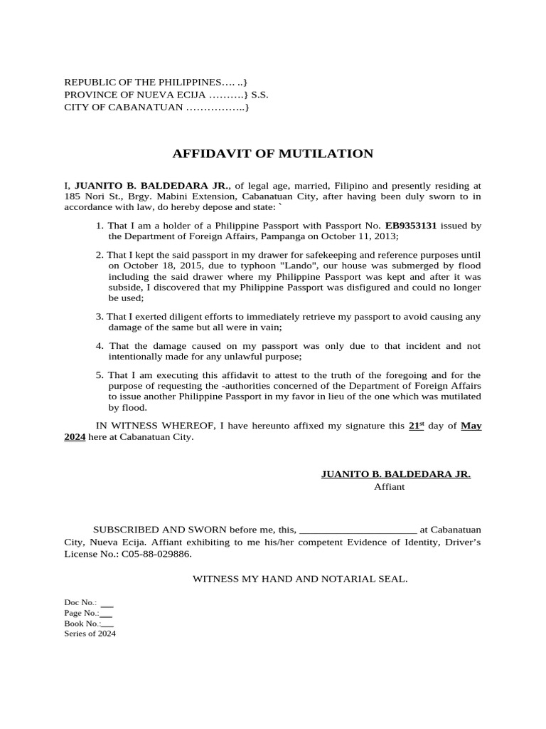Affidavit of Affidavit of Mutilation Baldedara JR | PDF