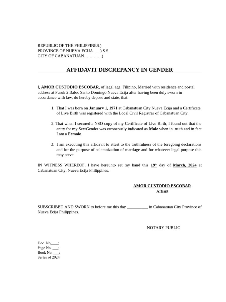 AFFIDAVIT DISCREPANCY IN GENDER 2024 Escobar | PDF | Law