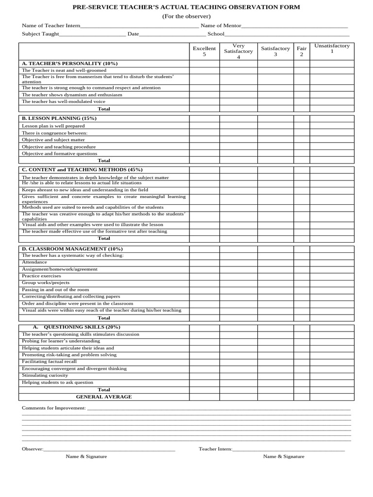 Pre Service Teachers Actual Teaching Observation Form | PDF | Teachers ...