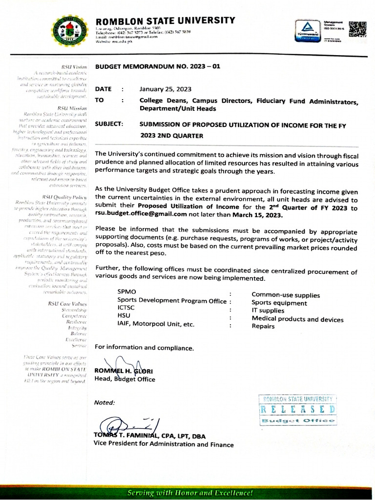 Budget Memo No. 1 2023 | PDF