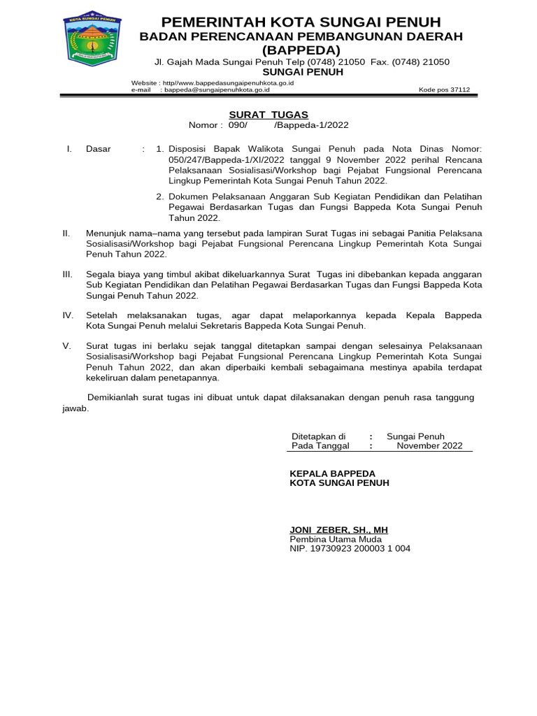 Surat Tugas Workshop Bappeda 2022 | PDF