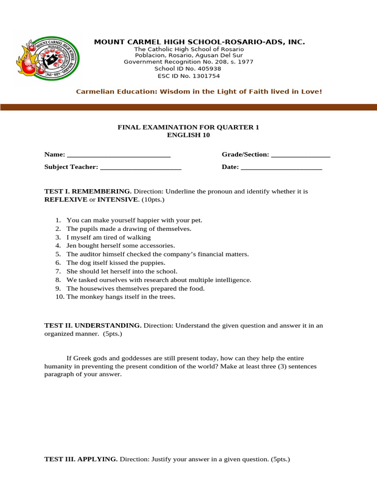 English 10 Final Exam - Mount Carmel High School | PDF | Hera | Deities