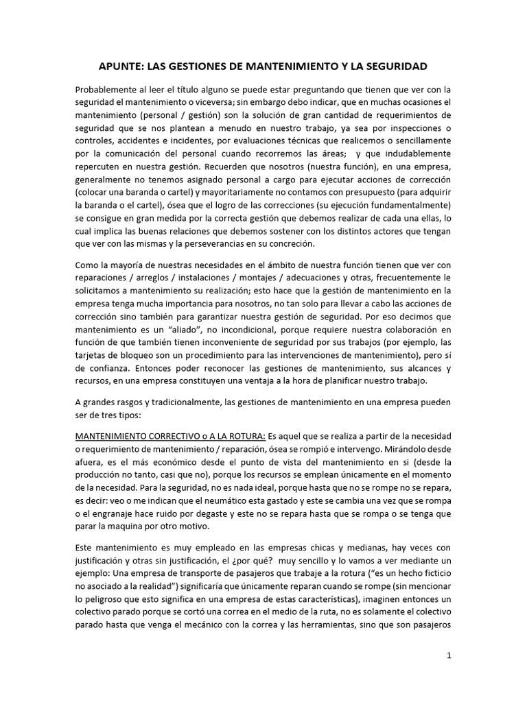 Apunte Gestiones de Mantenimiento y La Seghuridad | PDF | Business | Motores