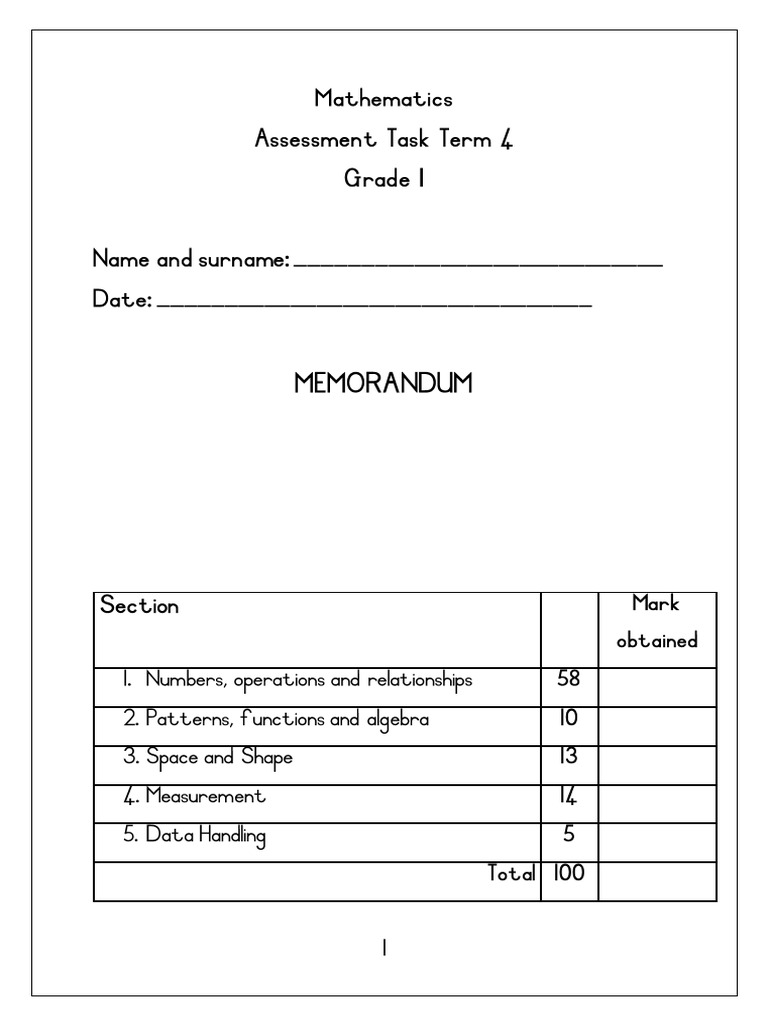 Assessment Task Maths Grade 1 Term 4 Memo | PDF