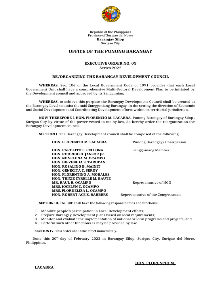 Office of The Punong Barangay: Executive Order No. 05 | PDF | Government | Justice