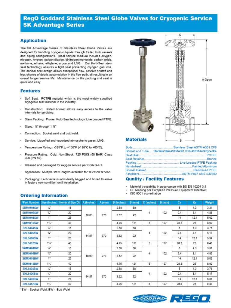 Rego Goddard Stainless Steel Globe Valves For Cryogenic Service SK ...