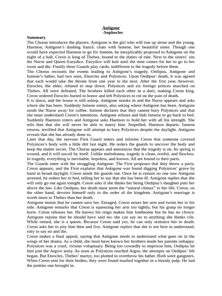 Antigone Summary | PDF | Oedipus | Theban Mythology