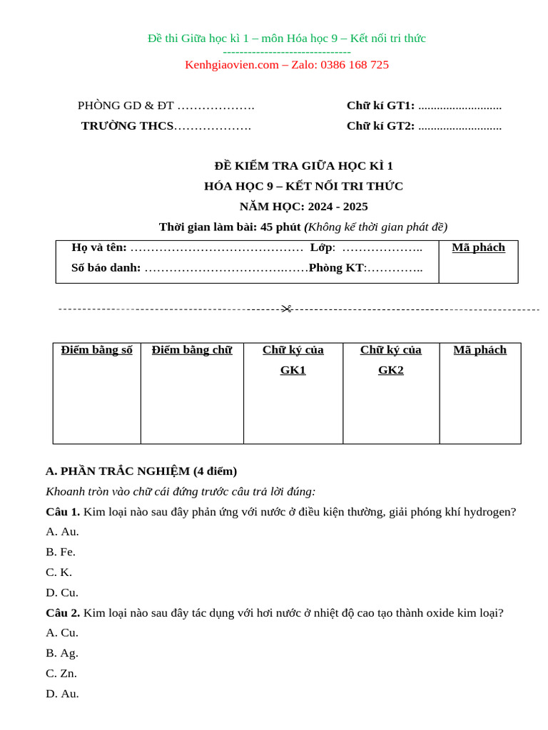 De Thi Ghk1 Hoa 9 KNTT | PDF